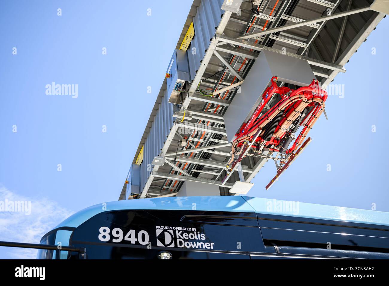 The gantry-mounted fast-charging station for electric buses is seen at ...