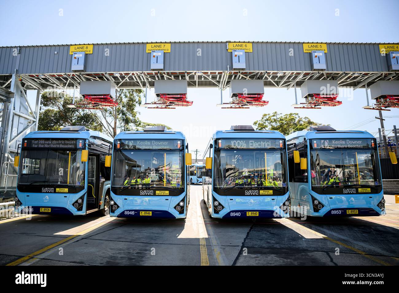 Electric battery buses are seen under the gantry-mounted fast-charging ...