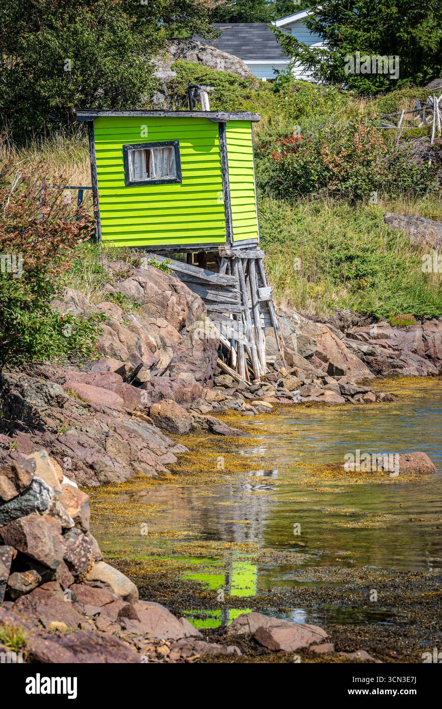 Bright green fishing stage in Little Harbour, Newfoundland Stock Photo ...