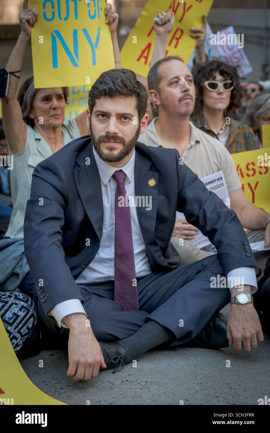 NY Assemblymember Alex Bores seen at the protest. On August 18, 2025 a ...