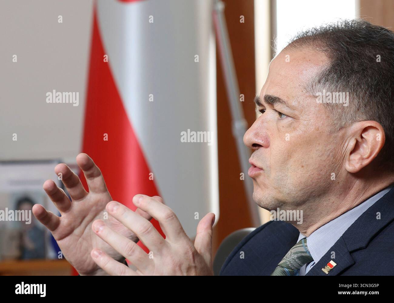 Polish Ambassador to Japan Paweł Milewski gives an interview in Meguro ...