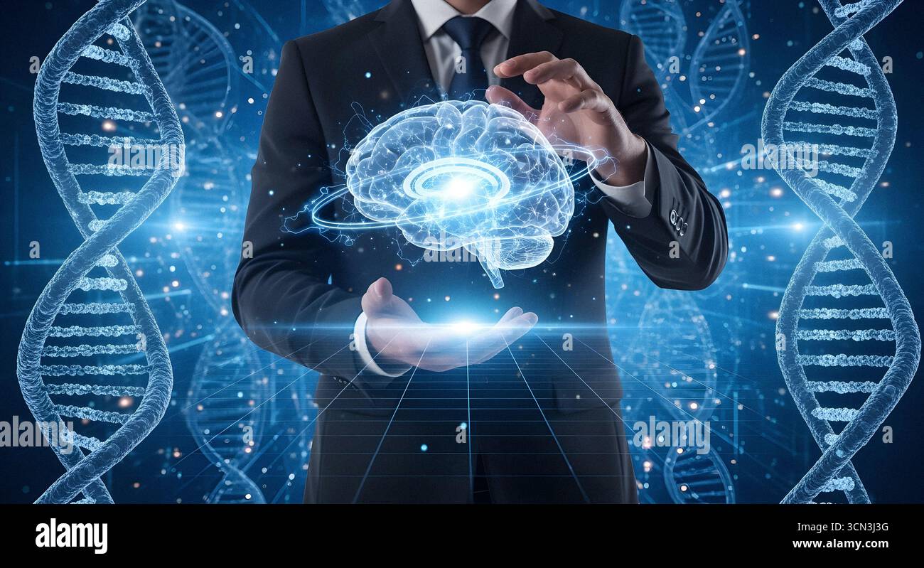 Businessman holding holographic brain with DNA helix background ...