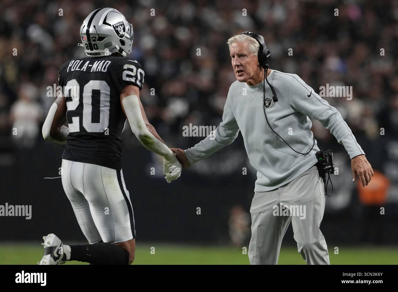Las Vegas Raiders head coach Pete Carroll during the first half of an ...