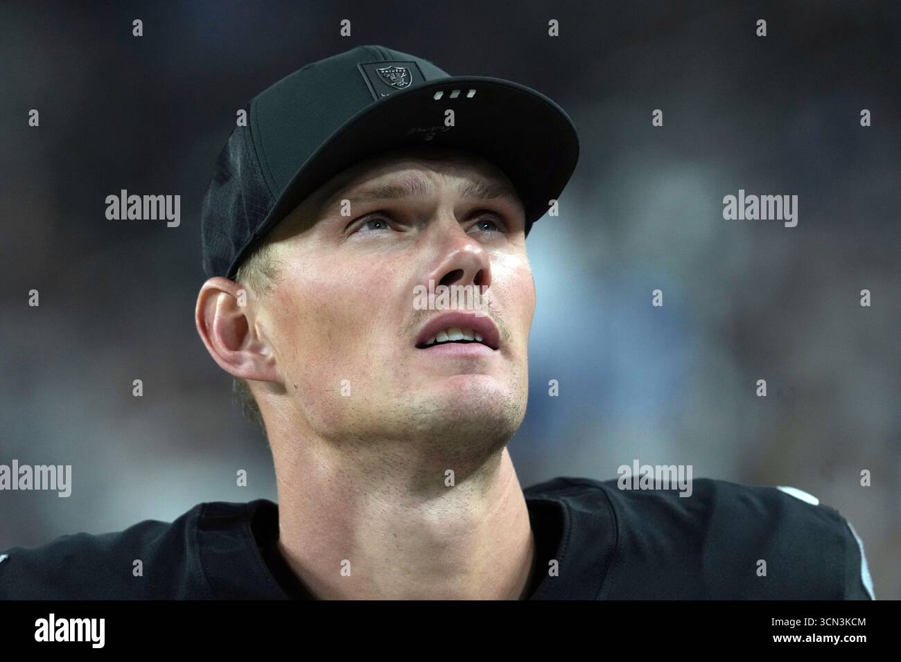 Las Vegas Raiders kicker Daniel Carlson (8) reacts after kicking off ...