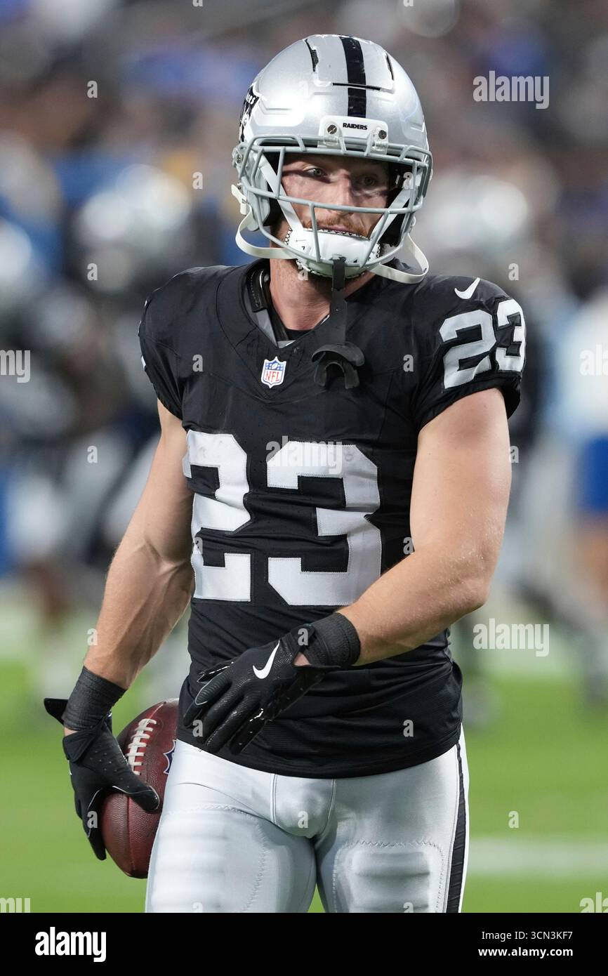 Las Vegas Raiders running back Dylan Laube (23) warms up before an NFL ...