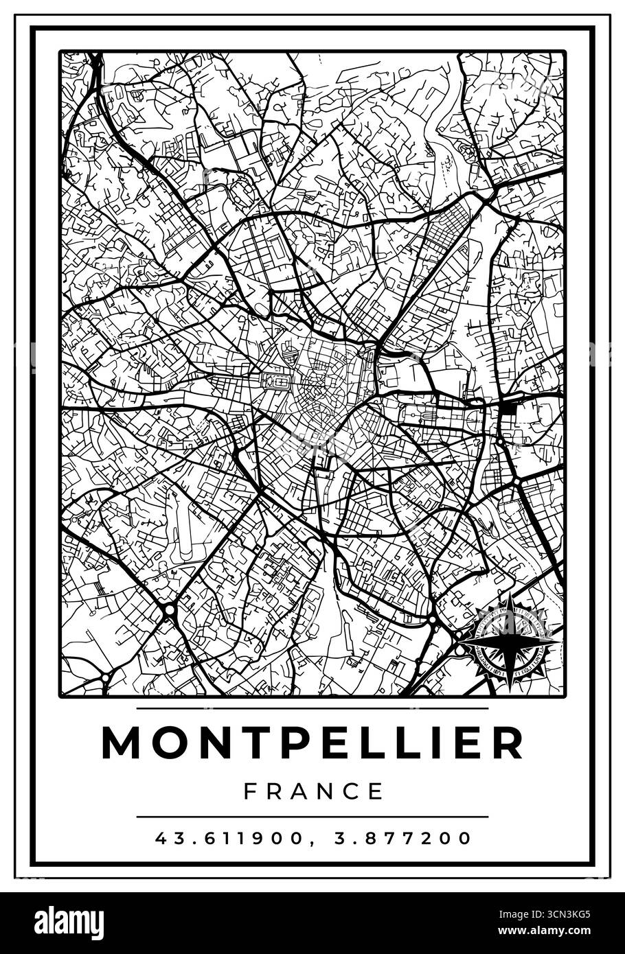 Street Maps of Montpellier City France, Black and White Poster with ...