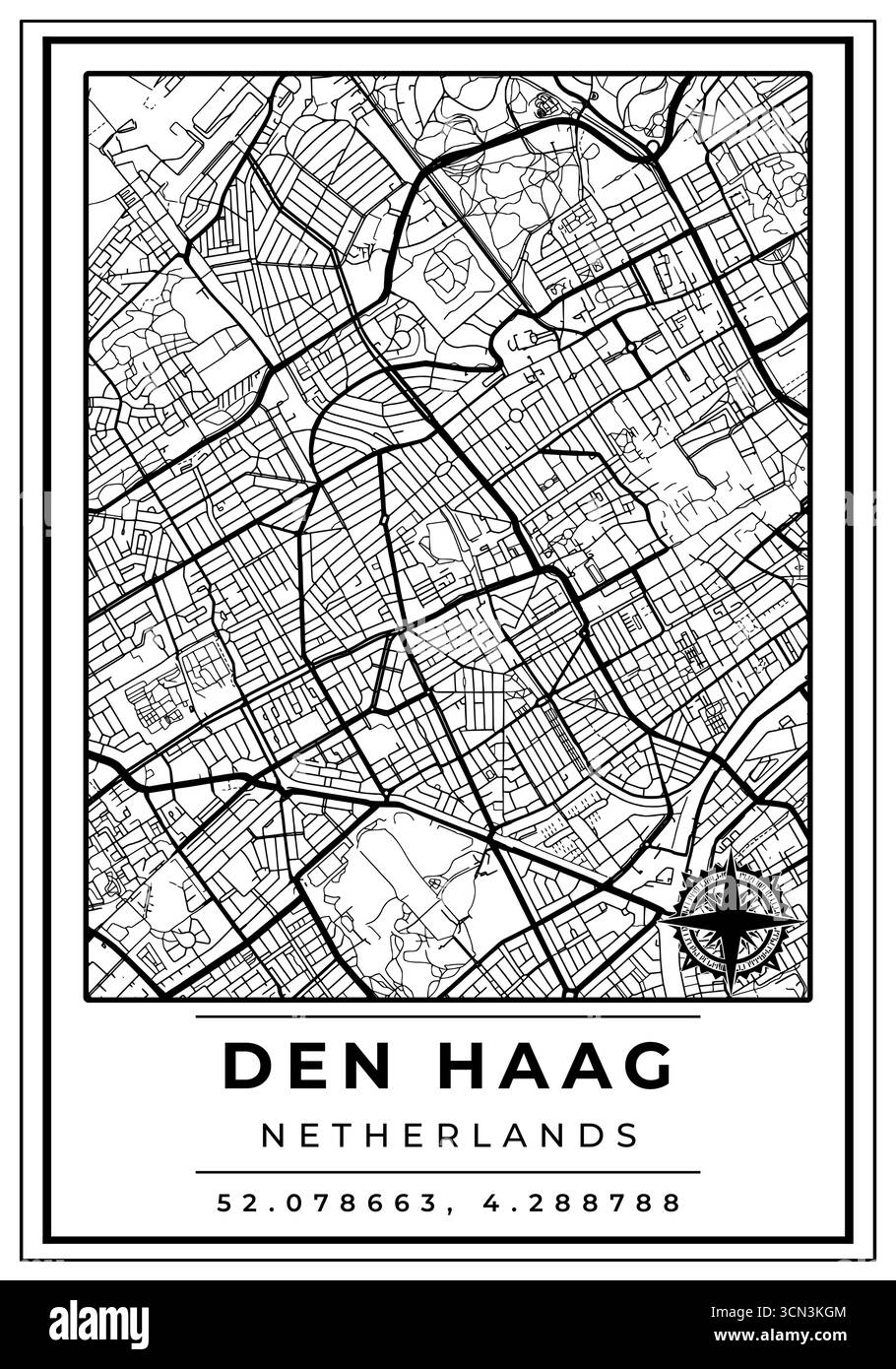 Street Maps of Den Haag City Netherlands, Black and White Poster with ...