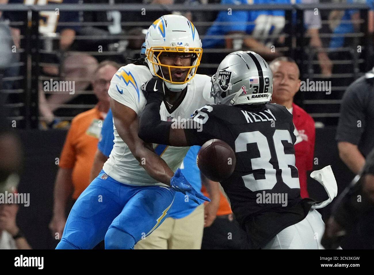 Las Vegas Raiders cornerback Kyu Blu Kelly (36) defends the pass ...