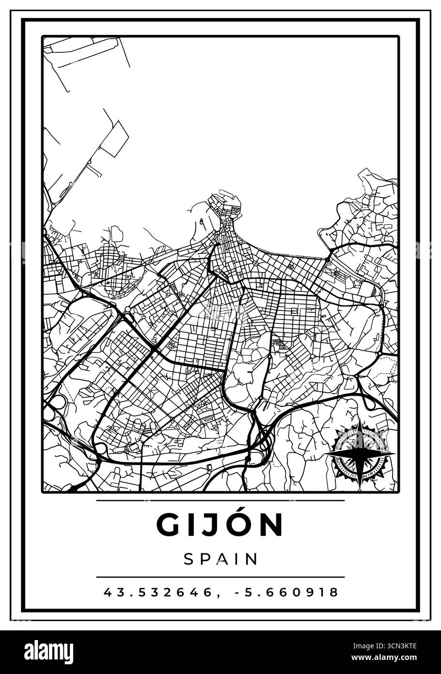 Street Maps of Gijon City Spain, Black and White Poster with Location ...