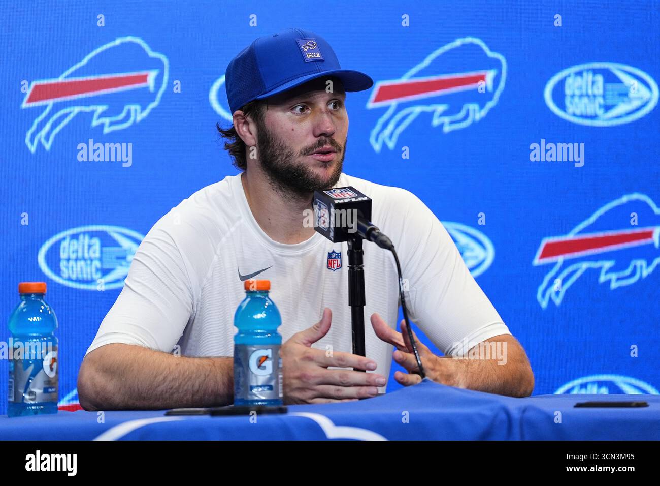 Buffalo Bills quarterback Josh Allen speaks to reporters after an NFL football game against the ...