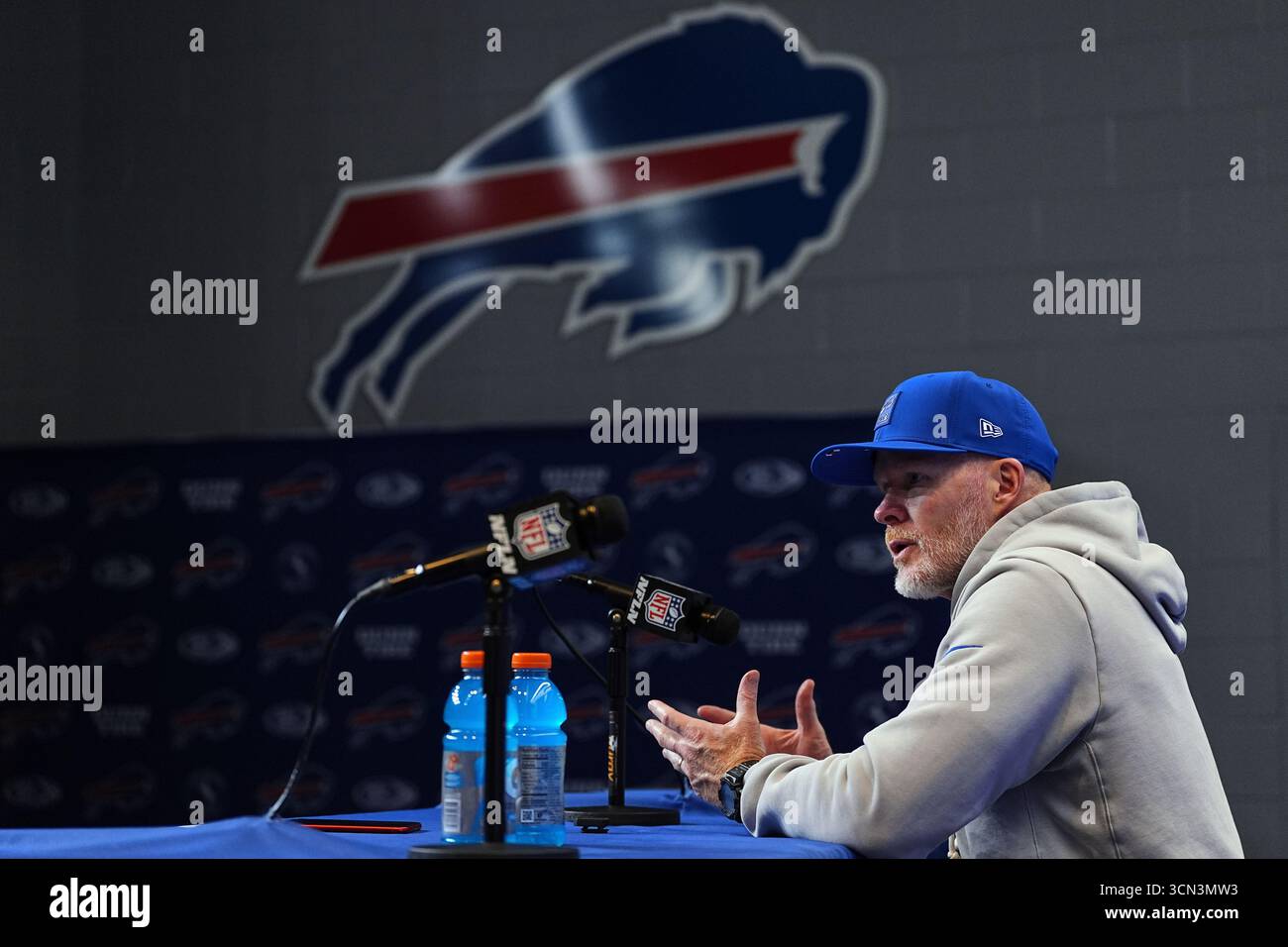 Buffalo Bills head coach Sean McDermott speaks to reporters after an ...