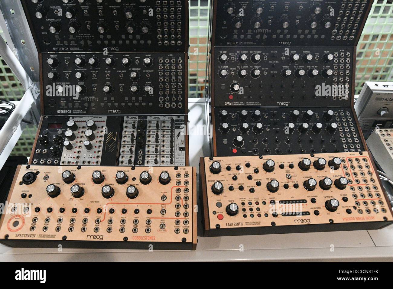 Synthesisers and audio equipment are seen during the opening of the ...