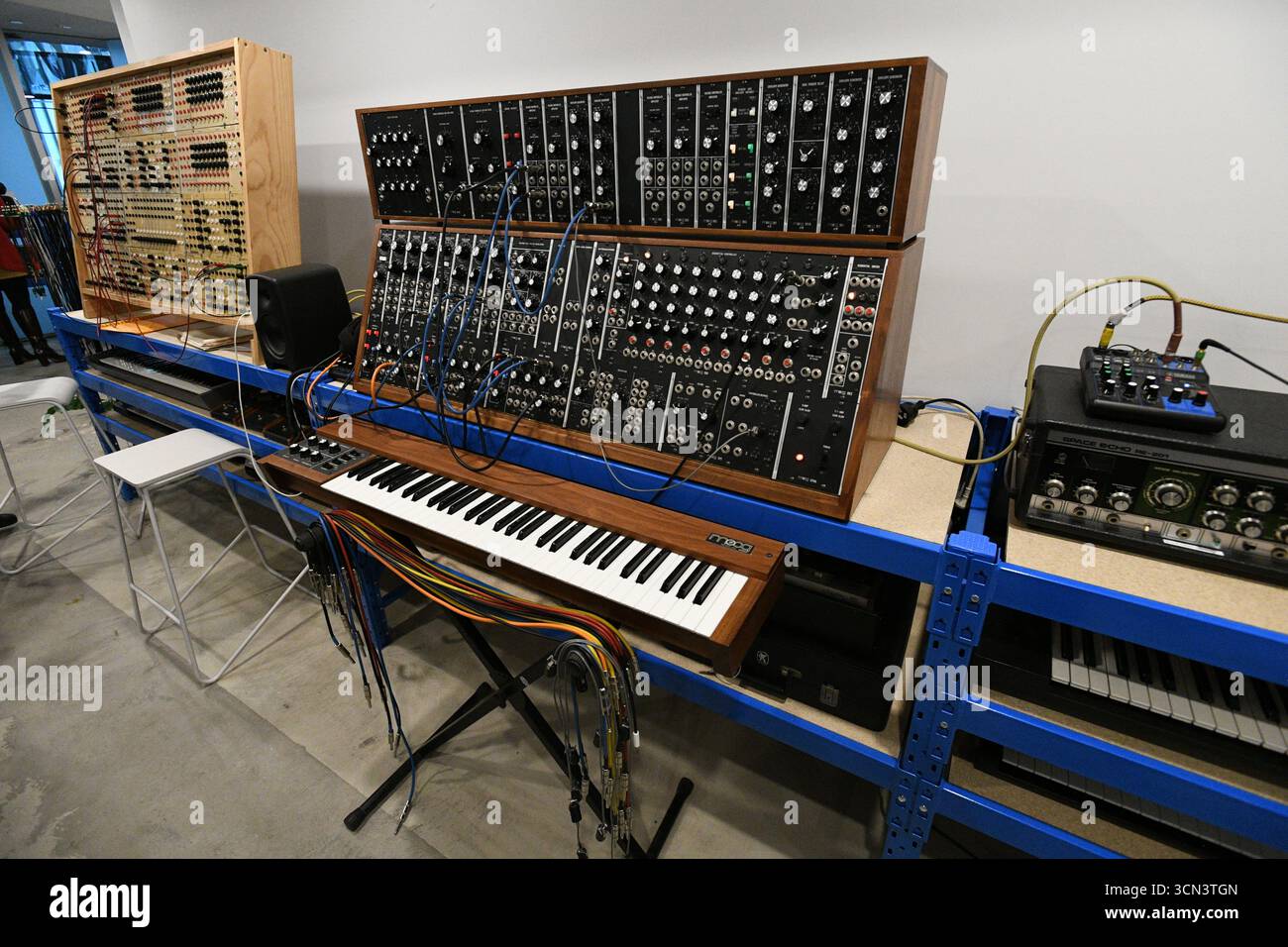 Synthesisers and audio equipment are seen during the opening of the ...