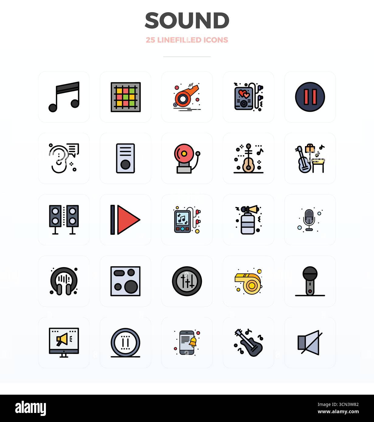 Complete package of 25 vector icons themed around Sound, showcasing ...