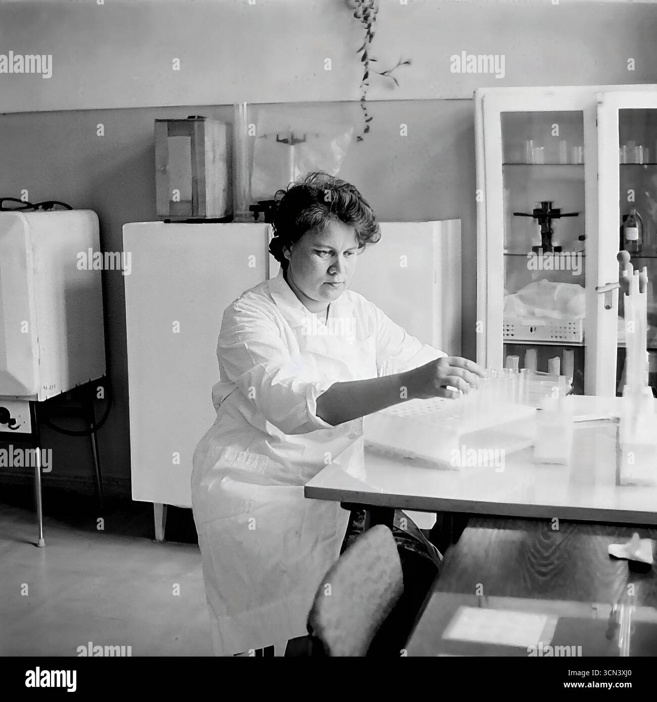 A historical photograph from the 1970-80s, showing a female lab ...