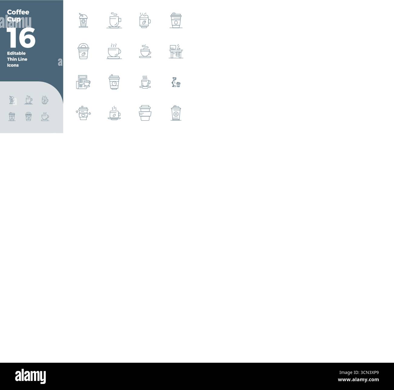 A clean collection of 16 Thin Outline vector icons representing Coffee ...