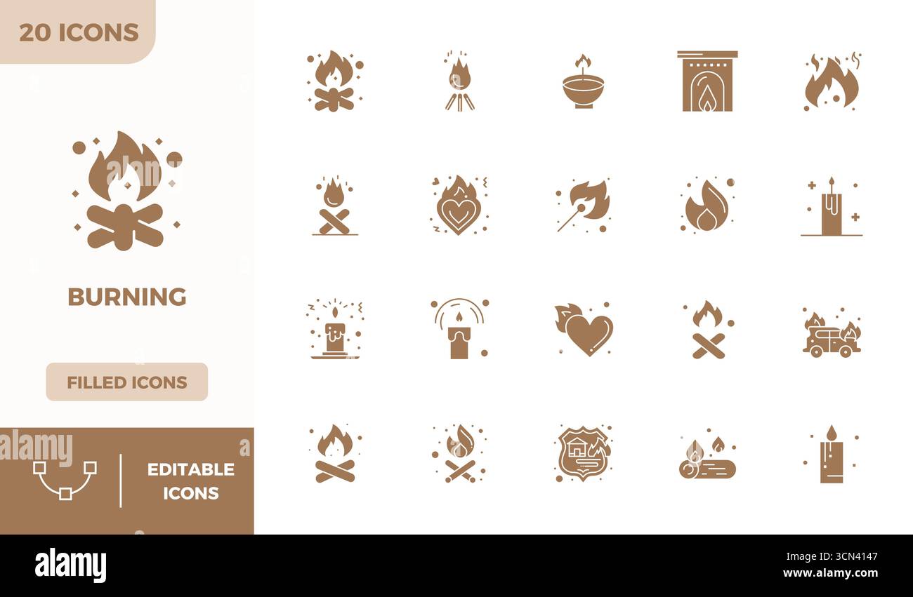 A clean collection of 20 Glyph Filled vector icons representing Burning ...