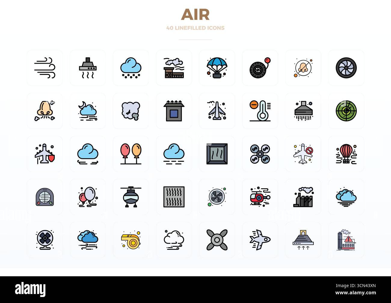 Strategic bundle featuring 40 vector icons representing Air in Flat ...