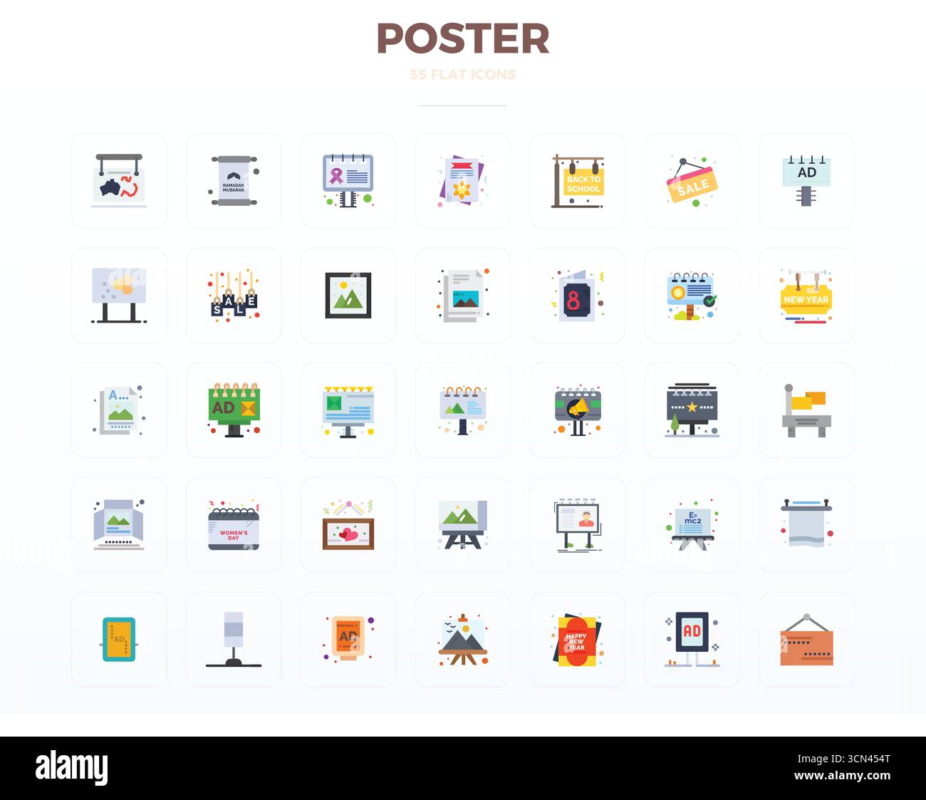 A clean collection of 35 Flat vector icons representing Poster ...