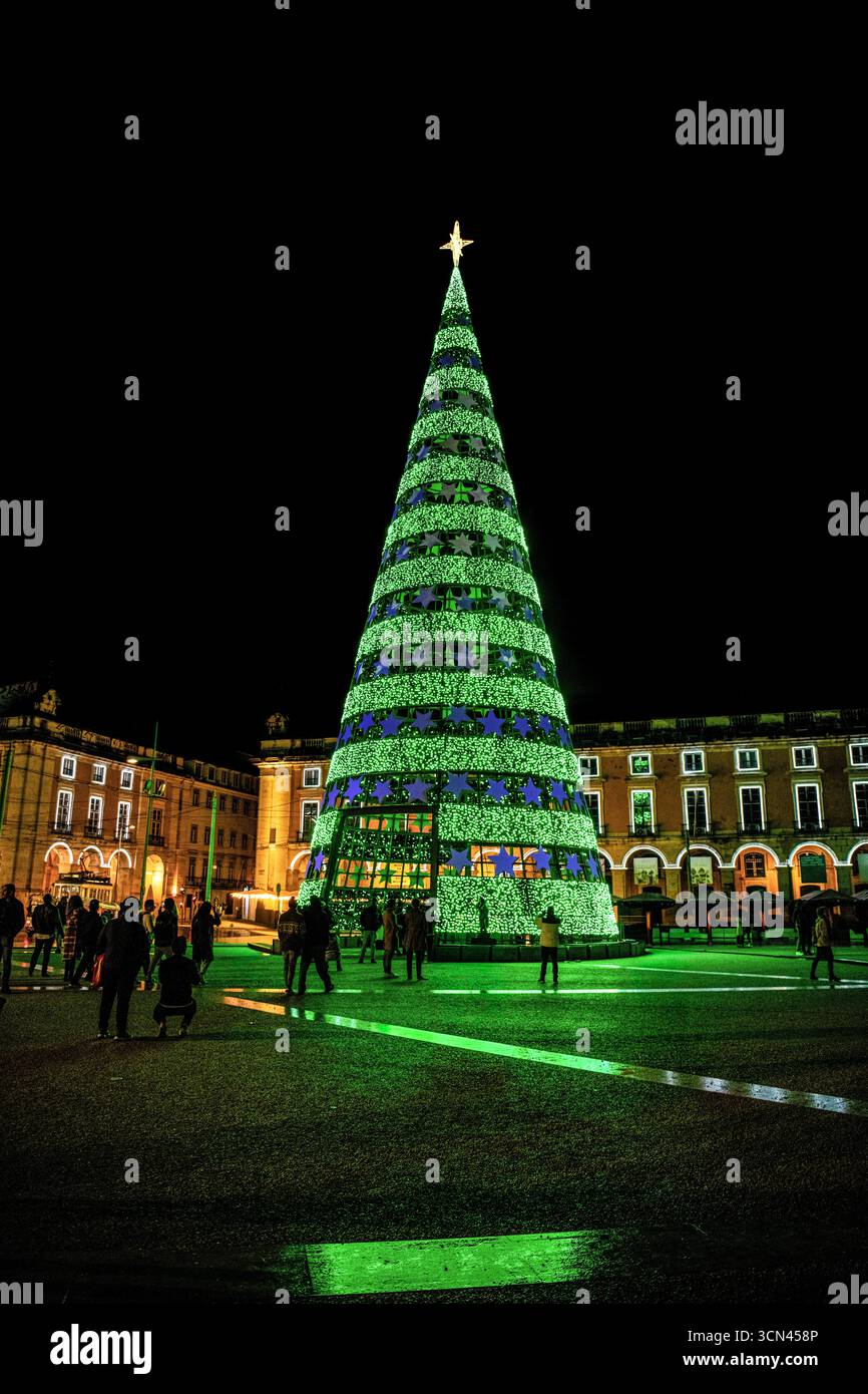 Christmas Tree Illuminated at Praça do Comércio in Lisbon, Portugal ...