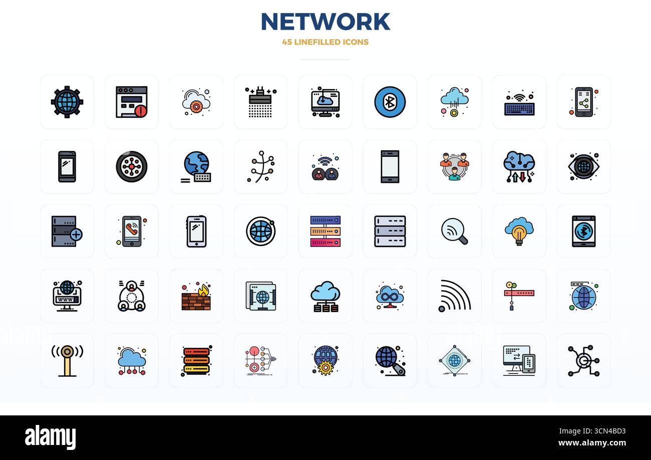 Professional-grade collection of 45 Flat Line Filled vector icons ...