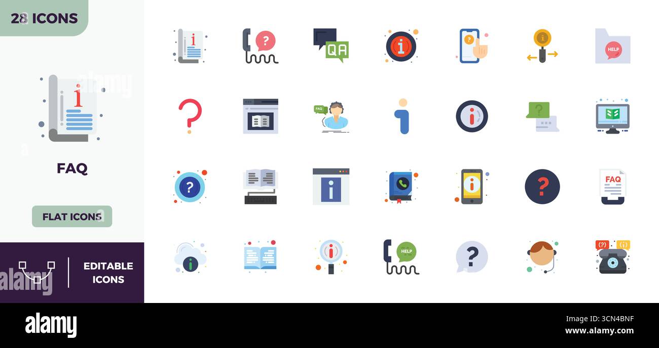 This set of 28 Flat Colorful vector icons captures Faq themes in ...