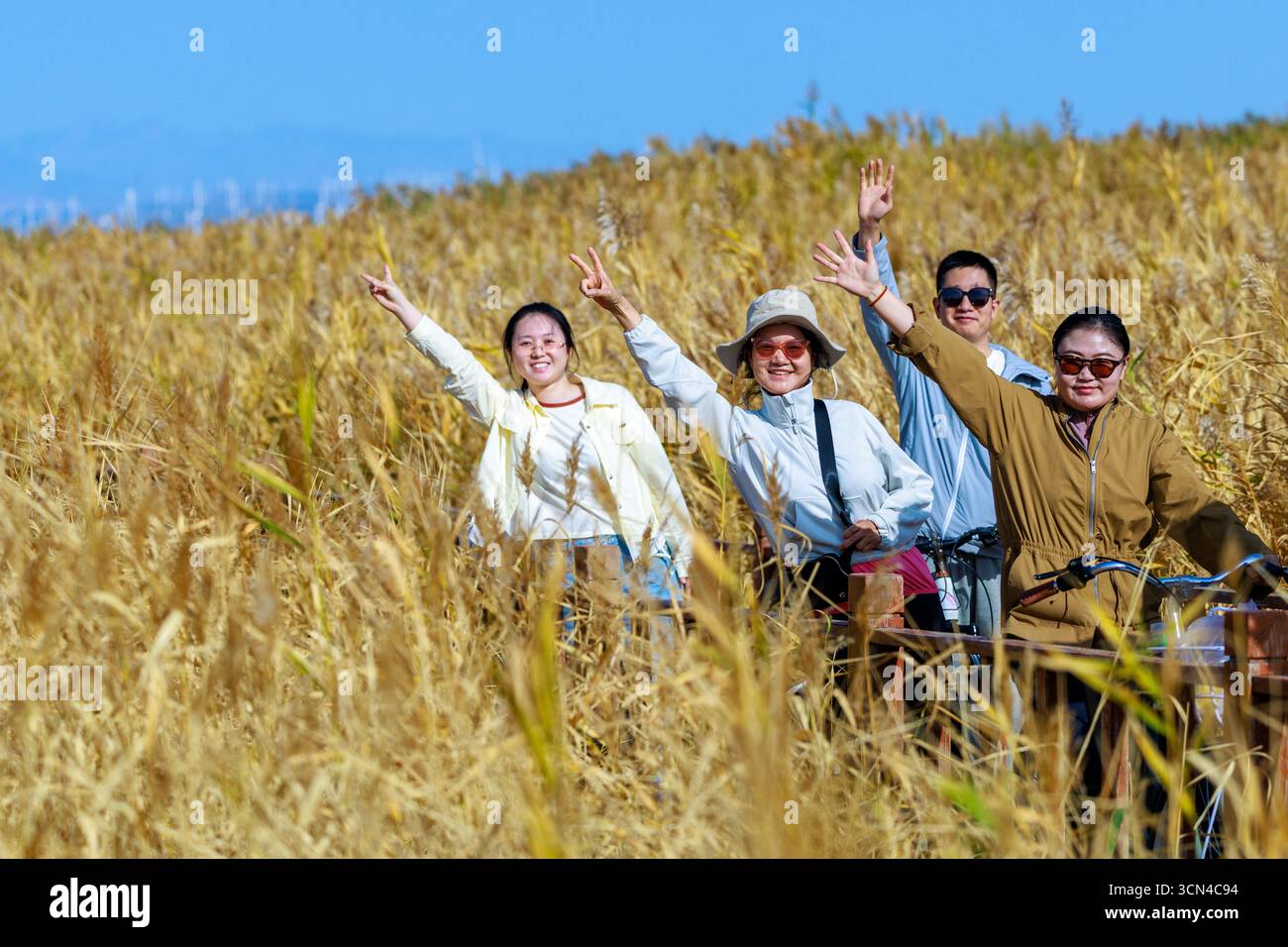 Tourists admire autumn scenery at a wetland park in Urumqi City ...