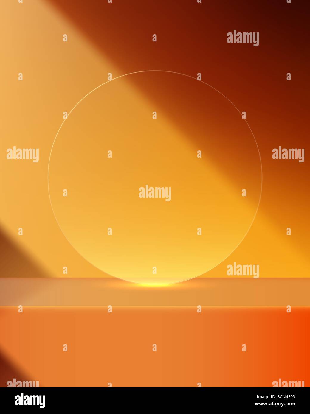 glowing glass circle on a low platform under warm amber light with ...