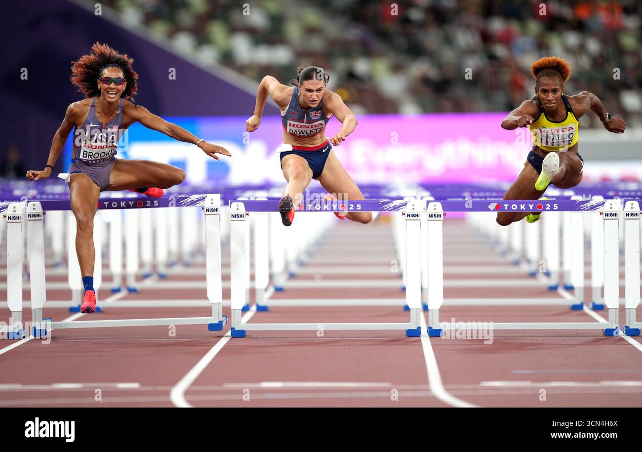 Great Britain's Abigail Pawlett (centre) in heat 3 of the 100m hurdles ...