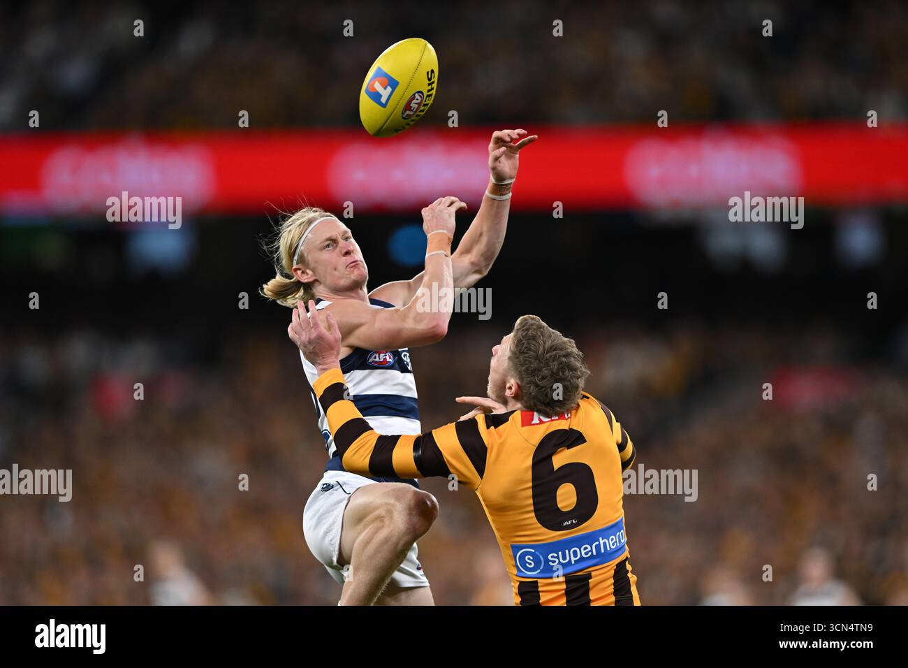 Oliver Dempsey of Geelong (left) and James Sicily of the Hawks in ...