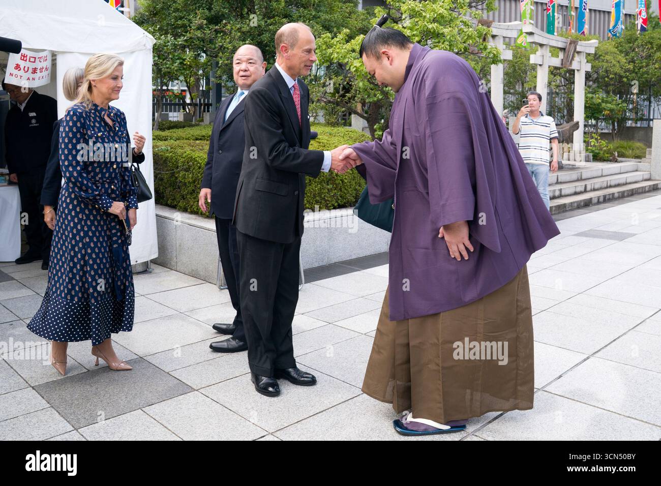 The Duke and Duchess of Edinburgh meet wrestler Asanoyama Hiroki before attending the sumo ...
