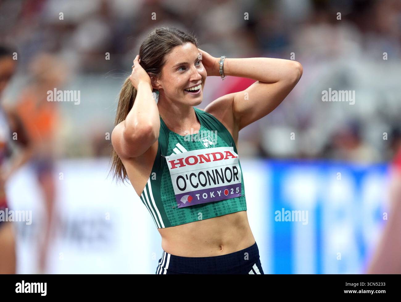 Ireland's Kate O'Connor reacts after clearing a bar in the high jump portion of the Women's ...