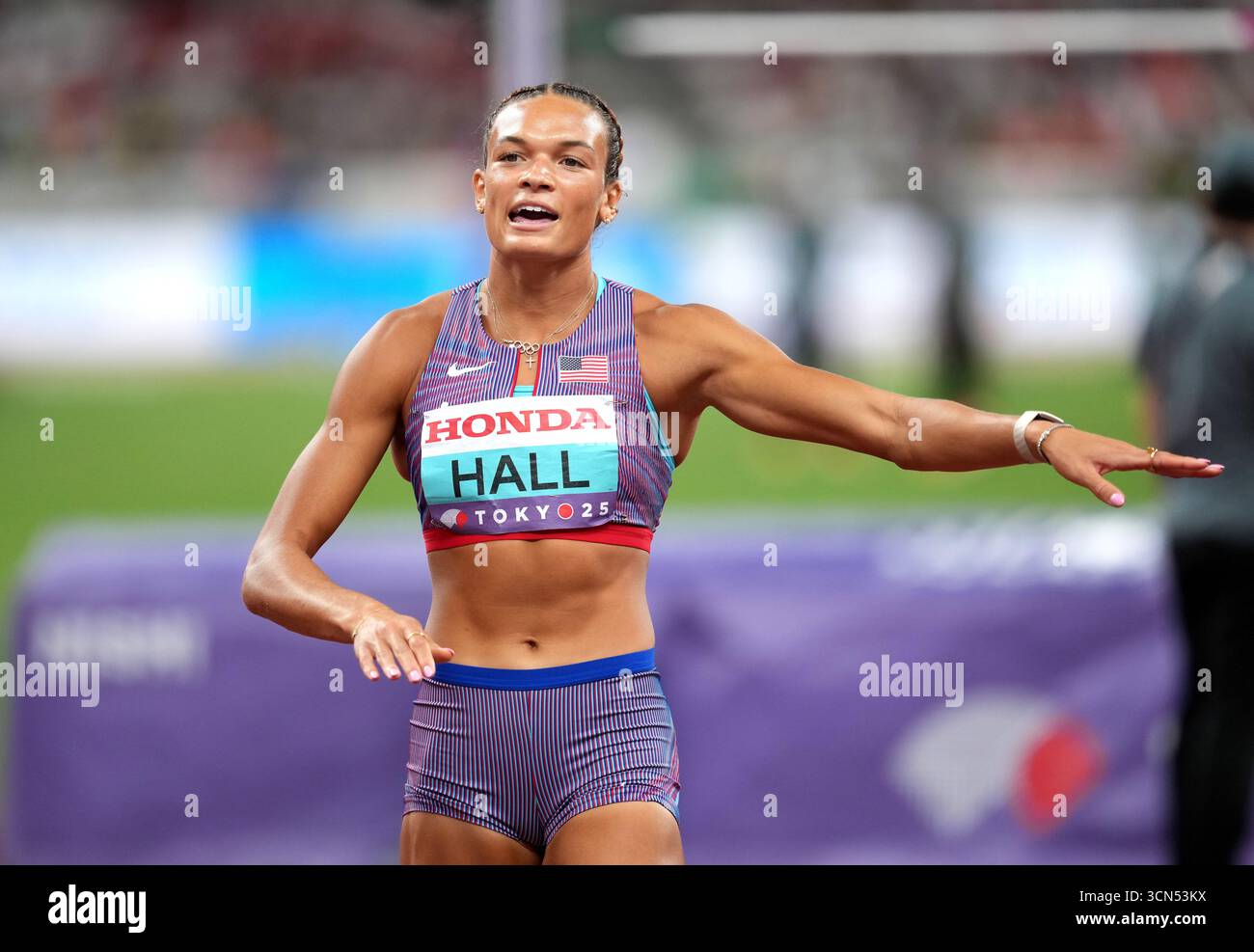 USA's Anna Hall reacts in group A of the high jump portion of the Women ...