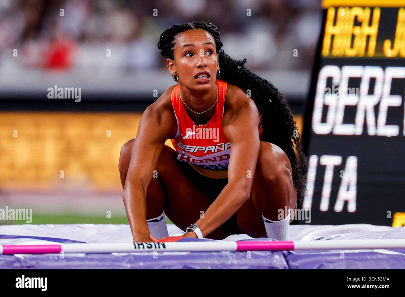 María Vicente of Spain competing in the Heptathlon women's High Jump ...