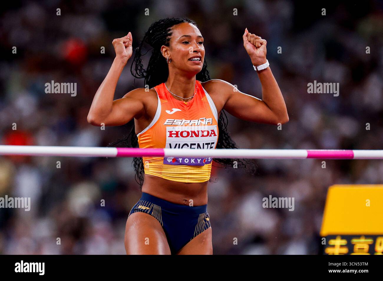 María Vicente of Spain competing in the Heptathlon women's High Jump ...