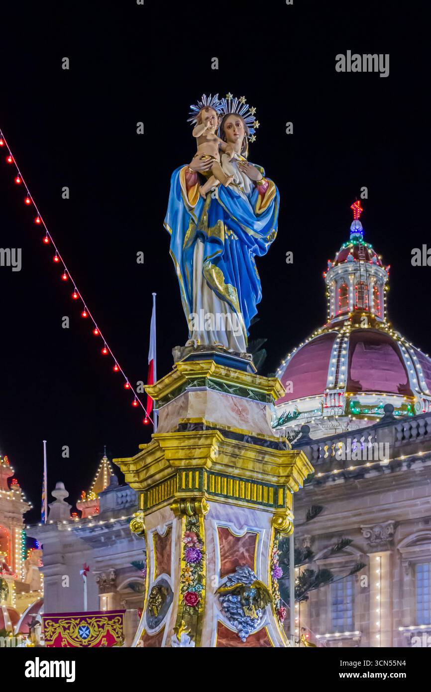 Zabbar, Malta - September 14th, 2025 Illuminated Religious Statue With ...
