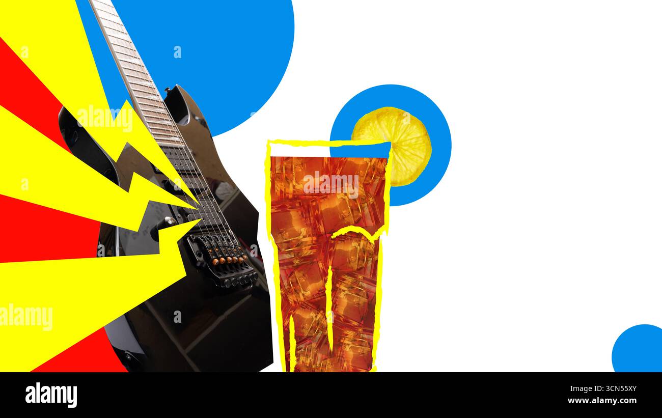 Bright pop art collage with Long Island Iced Tea with electric guitar ...