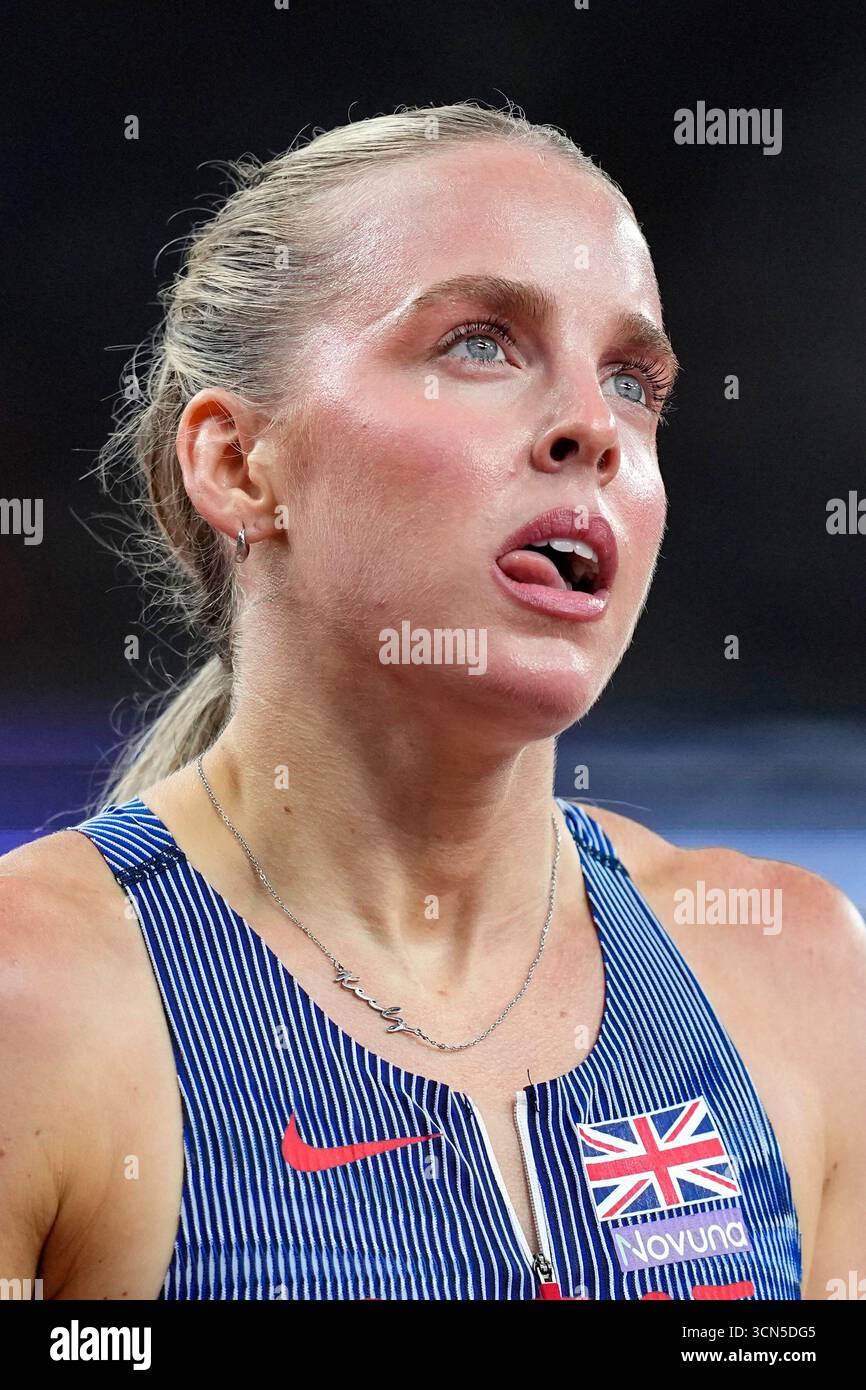 Britain's Keely Hodgkinson looks up after winning a women's 800 meters semifinal at the World ...