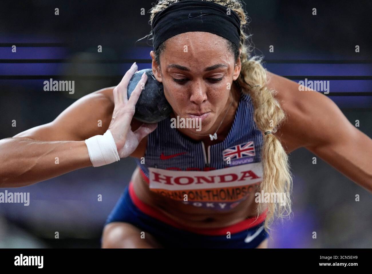 Britain's Katarina Johnson-Thompson makes an attempt in the heptathlon ...