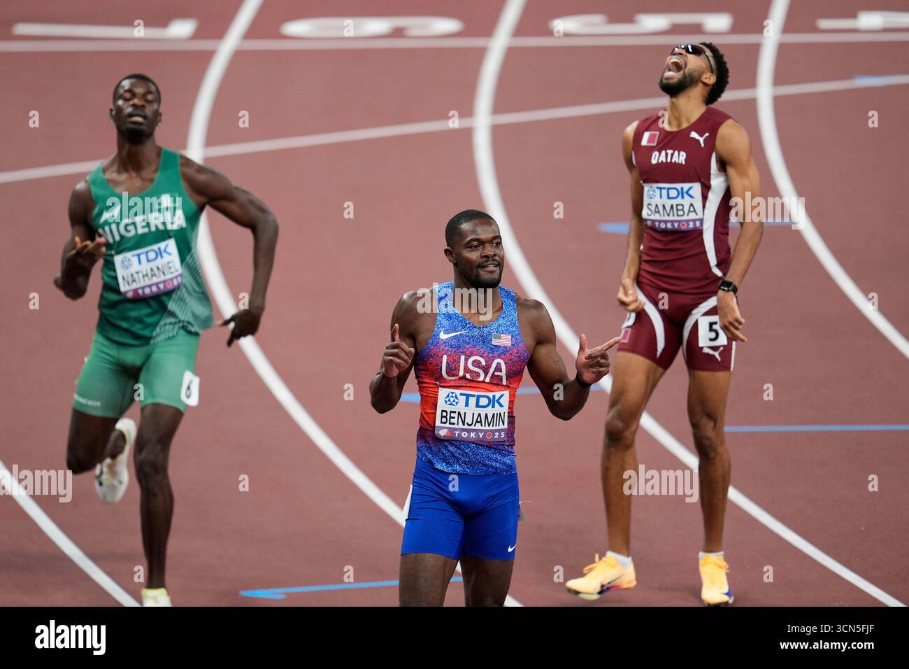 United States' Rai Benjamin, Nigeria's Ezekiel Nathaniel and Qatar's ...
