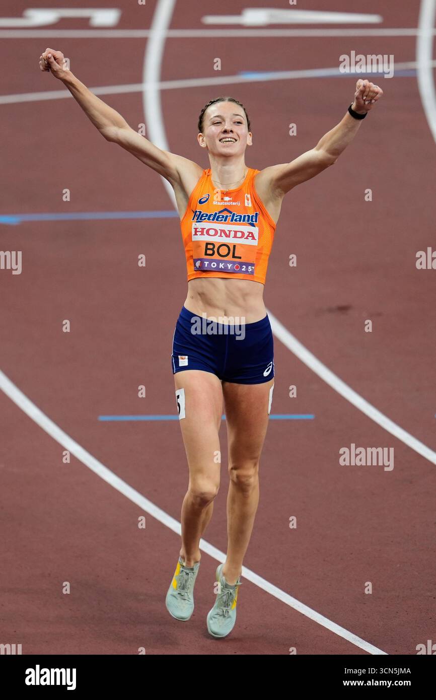 Netherlands' Femke Bol reacts after the women's 400 meters hurdles final at the World Athletics ...