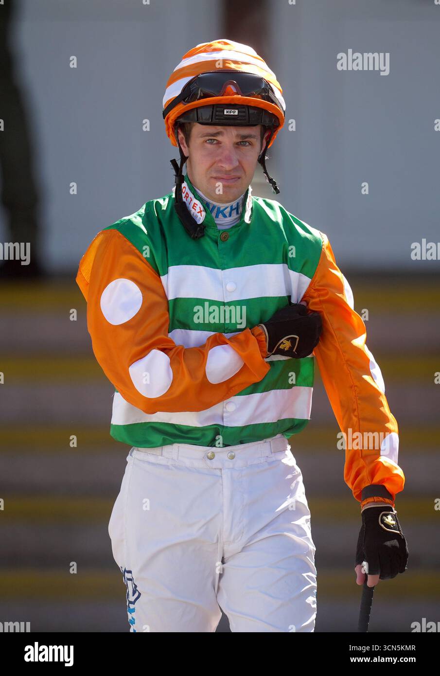 Jockey Charles Bishop during Dubai Duty Free International Friday at Newbury racecourse. Picture ...