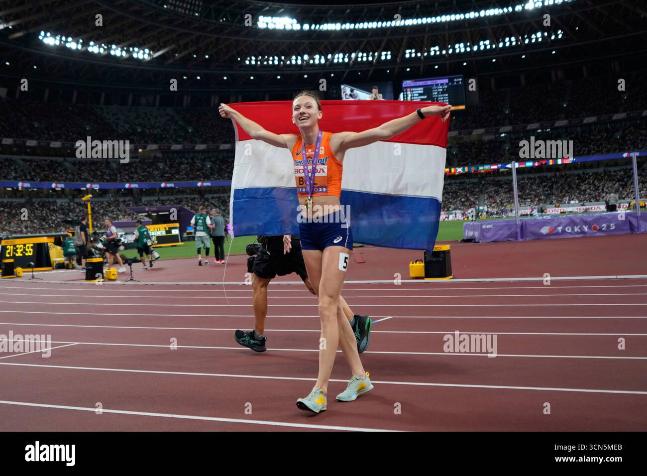 Netherlands' Femke Bol celebrates after winning gold medal in the women ...