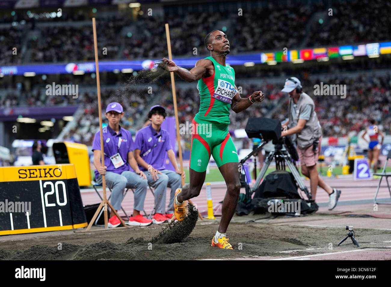 Gold medalist Portugal's Pedro Pichardo reacts after his final jump in the men's triple jump ...