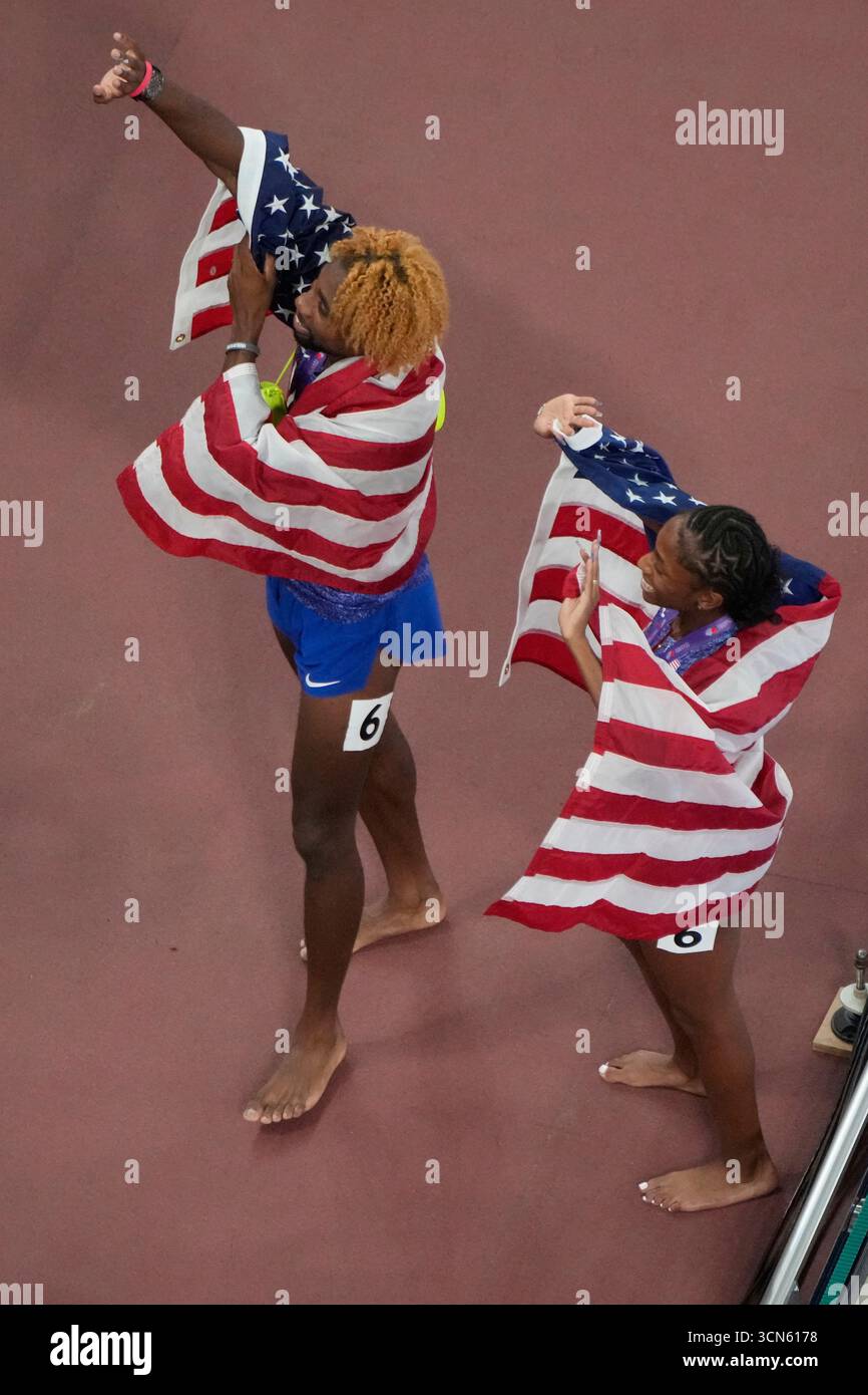 United States' Noah Lyles, left, and Melissa Jefferson-Wooden celebrate ...