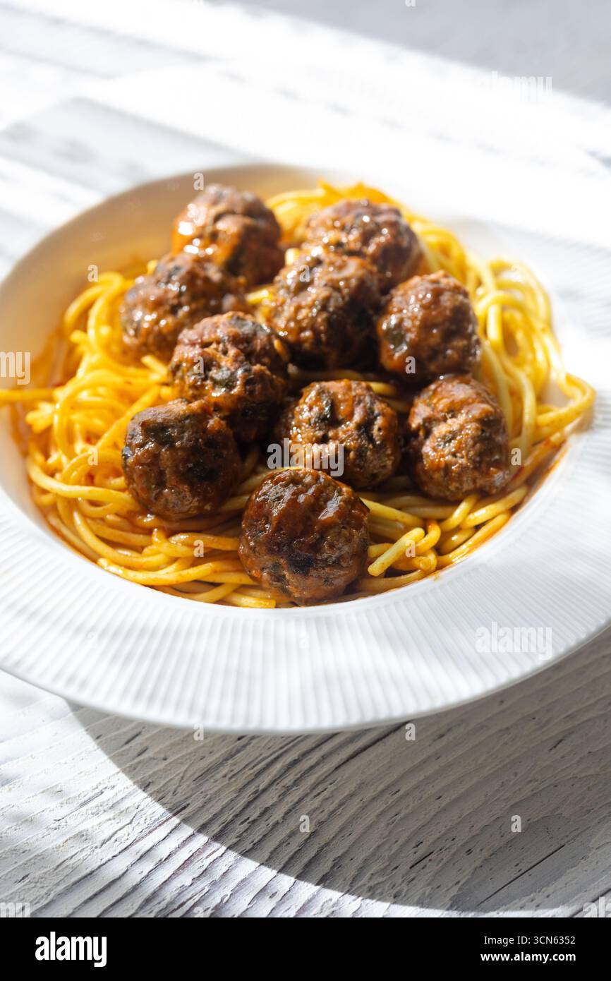 Close-Up of Spanish Albondigas Meatballs in Tomato Sauce on Spaghetti ...