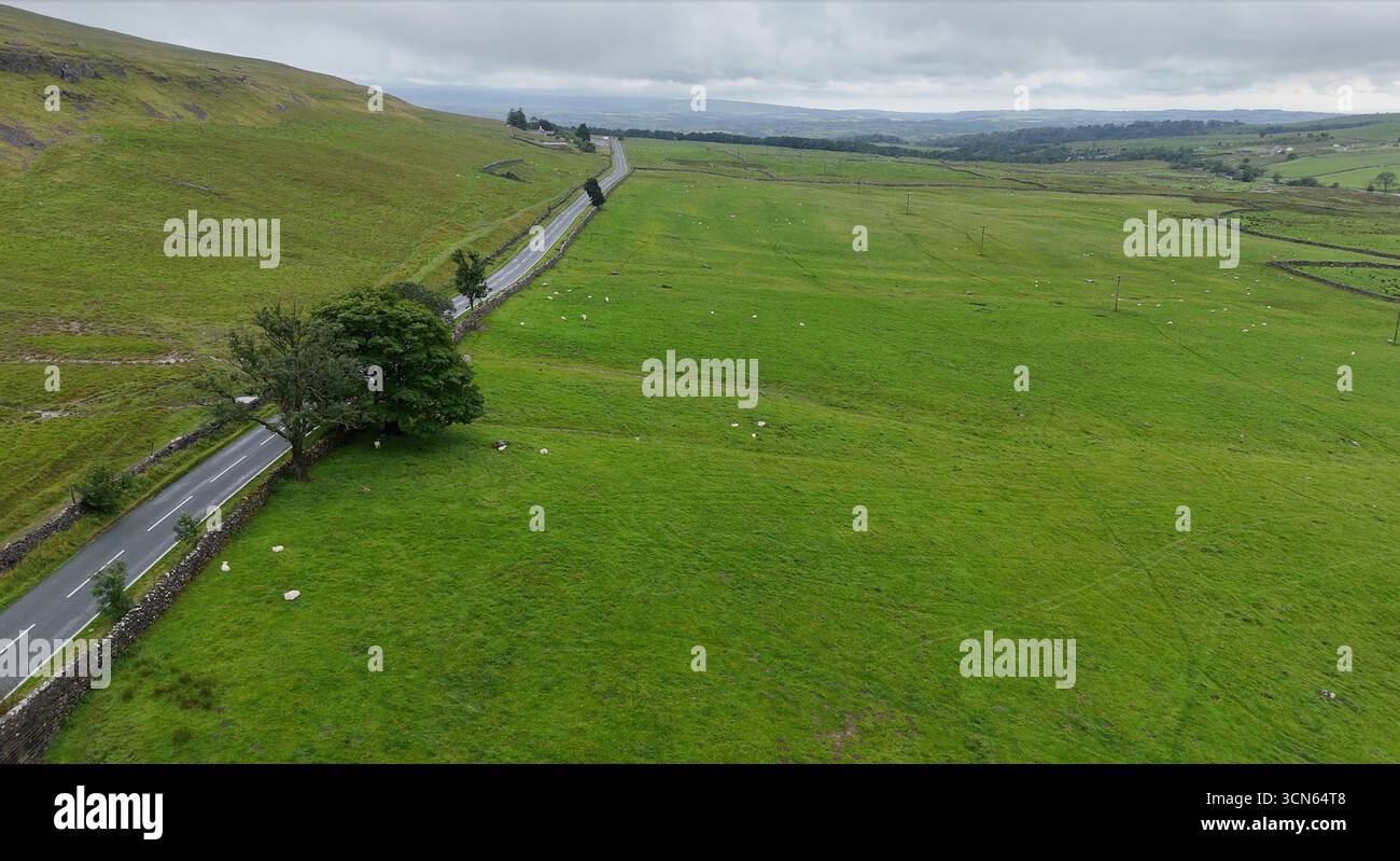 Aerial view of a winding road cuts through the vibrant green fields ...