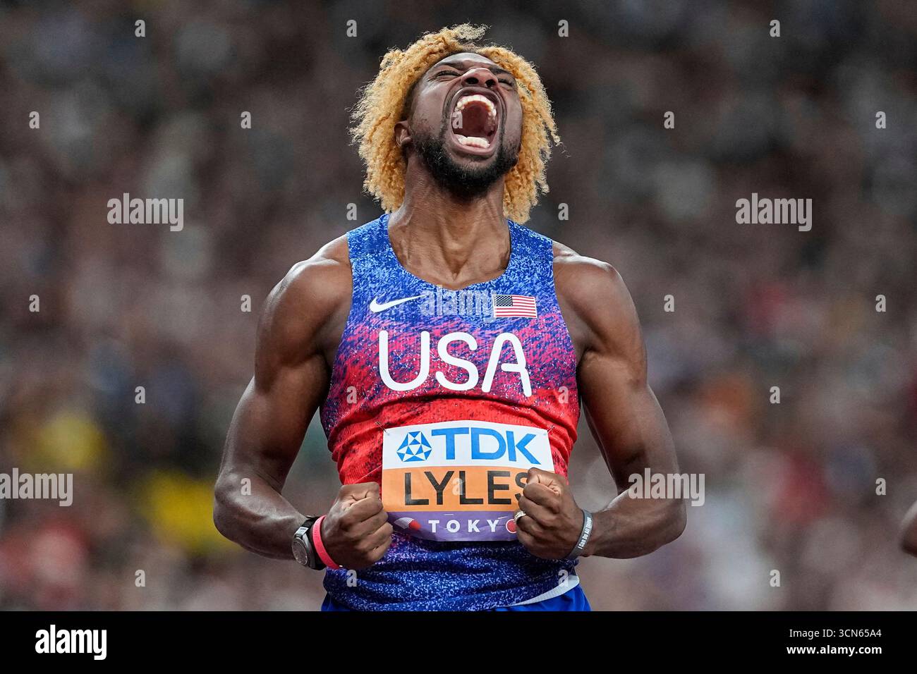 United States' Noah Lyles reacts ahead of the start of the men's 200 ...