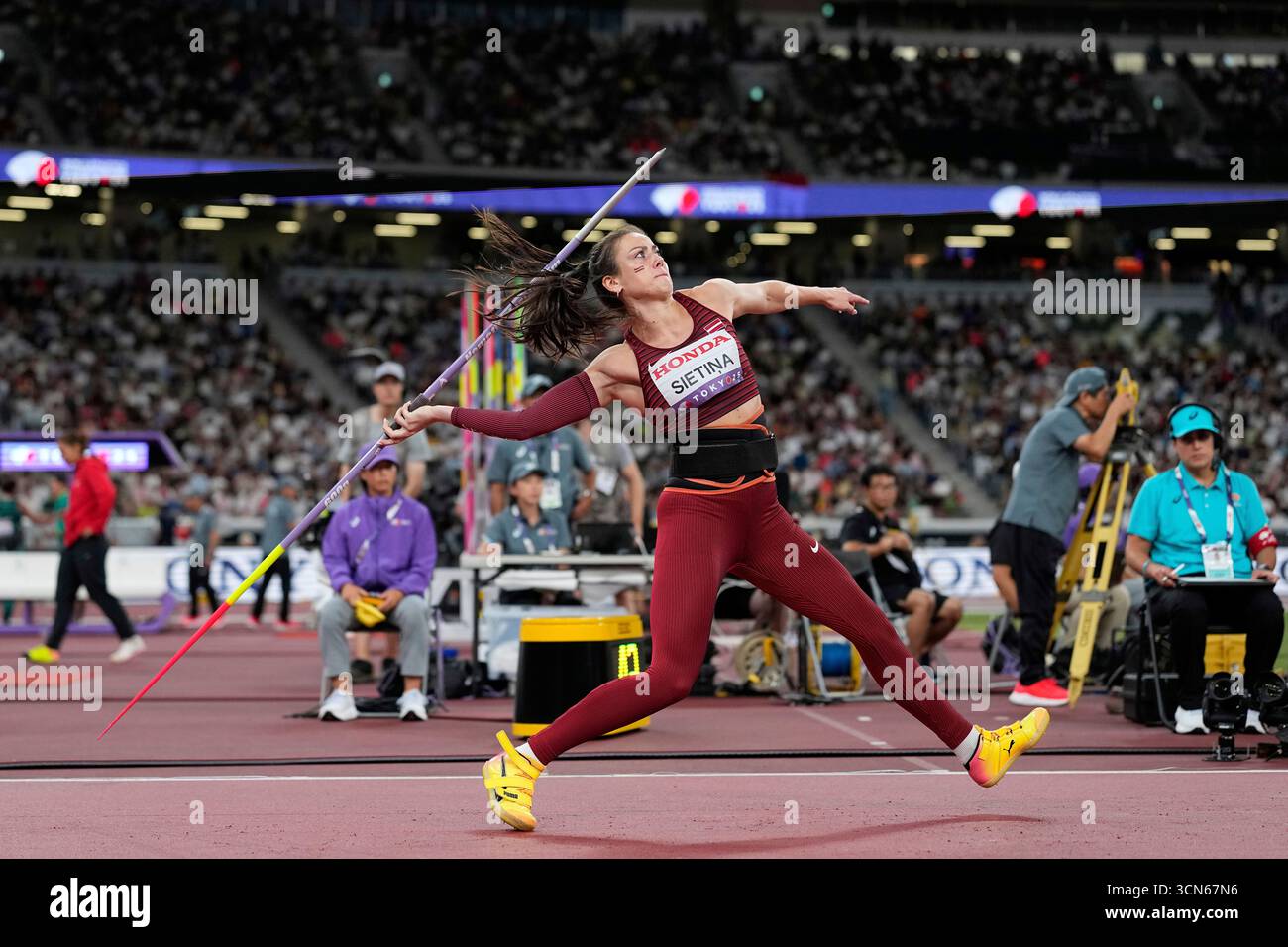 Latvia's Anete Sietina makes an attempt in the women's javelin throw ...