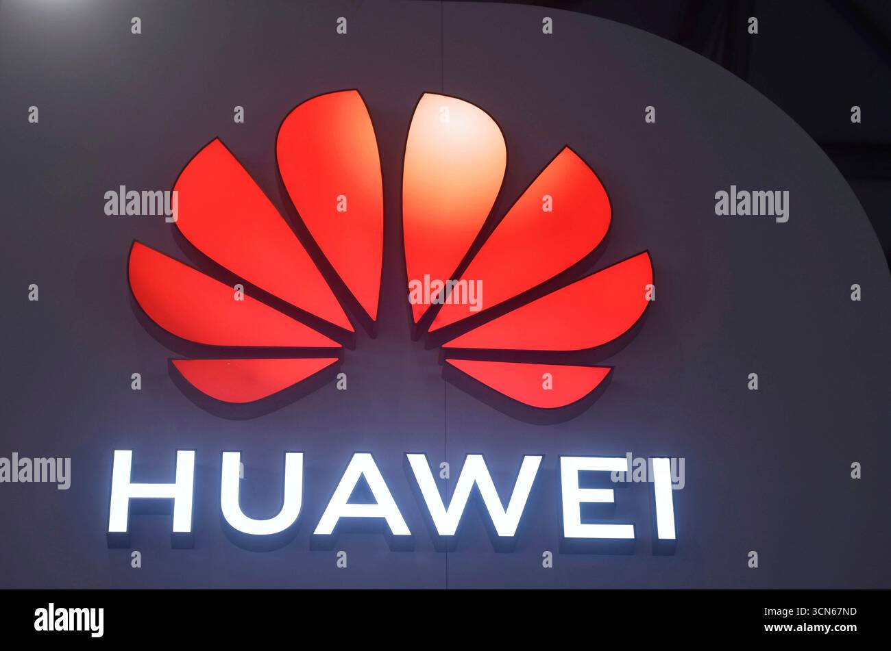 A view of the company logo at the booth of Huawei at the World Mobile ...